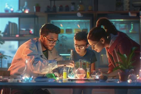 Padres enseñando a sus hijos cómo hacer exámenes de ciencias Foto Premium