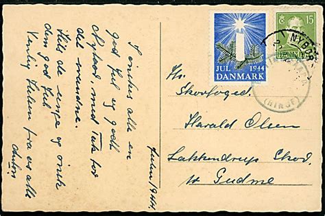 15 øre Chr X og Julemærke 1944 på julekort annulleret med svagt