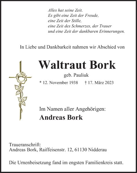 Traueranzeigen Von Waltraut Bork Trauer In NRW De