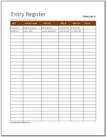 Visitor Entry Register Templates For Ms Excel Download