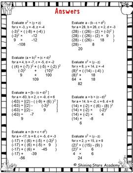 Algebra Evaluate Expression With Exponents Parentheses Worksheet Math