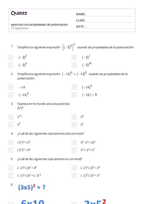 Propiedades De Los Exponentes Hojas De Trabajo Para Grado En