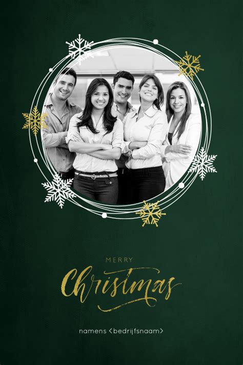 Donkergroene Kerstkaart Met Ronde Foto En Goudfolie Ijssterren