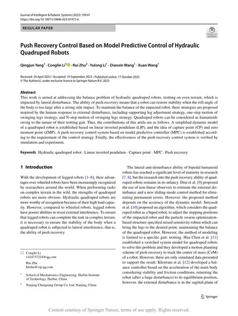 push recovery control based on model predictive control of hydraulic quadruped robots