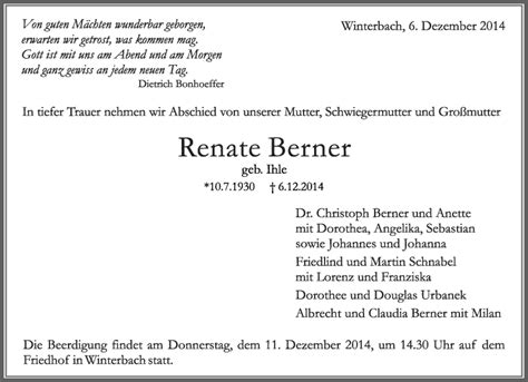 Traueranzeigen Von Renate Berner Zeit Des Gedenkens De