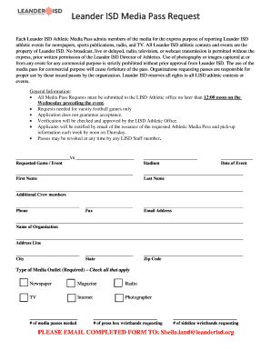 Fillable Online Leander ISD Media Pass Request Fax Email Print PdfFiller