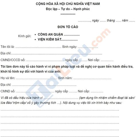 Mẫu Đơn Tố Cáo Chiếm Đoạt Tài Sản Hướng Dẫn Điền Đơn