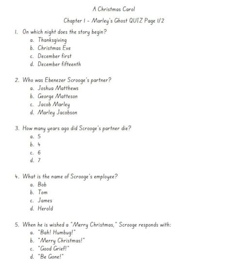 A Christmas Carol Printable Chapter Quizzes Etsy