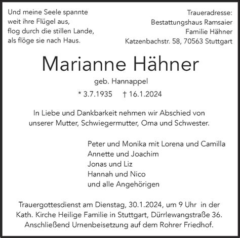 Traueranzeigen Von Marianne H Hner Stuttgart Gedenkt De