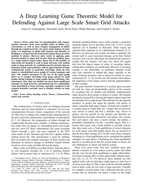 pdf a deep learning game theoretic model for defending against large scale smart grid attacks