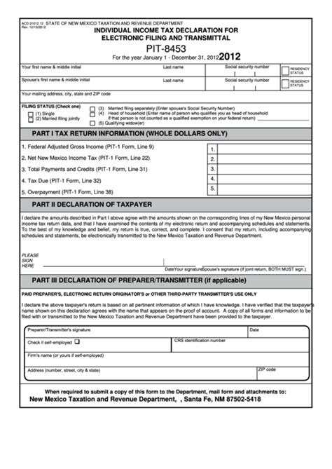 Form Pit Individual Income Tax Declaration For Electronic Filing