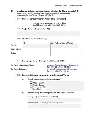 Ausfüllbar Online zuv uni freiburg Formblatt S1 Tierhaltung