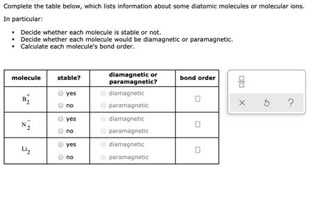 Complete The Table Below Which Lists Information About Some Diatomic