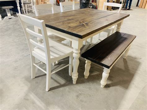 5ft Rustic Farmhouse Table With Turned Legs Bench And Chair Set Dark