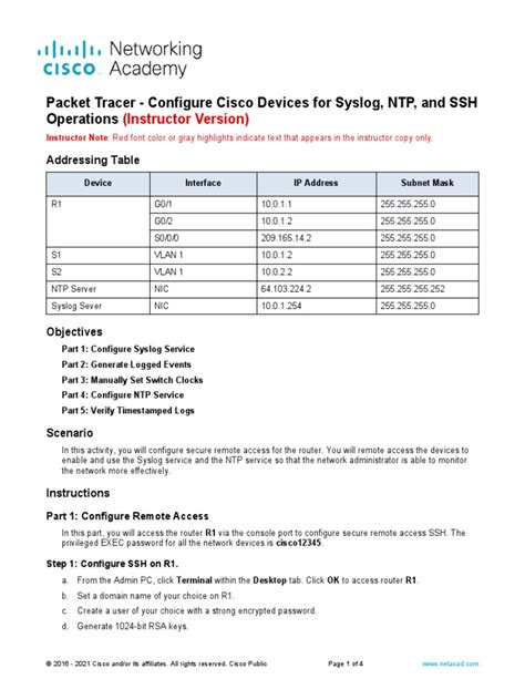 6 7 12 packet tracer configure cisco devices for syslog ntp and ssh operations ilm pdf