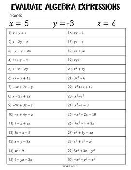 Evaluating Algebraic Expressions Worksheets Integers 30 Pages