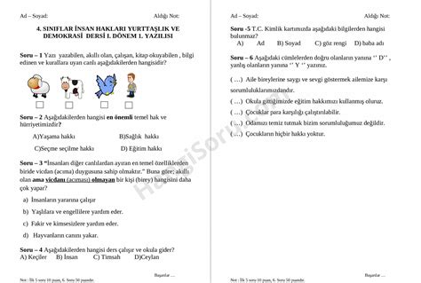 4 Sınıf İnsan Hakları ve Yurttaşlık 1 Dönem 1 Yazılı Soruları BEP