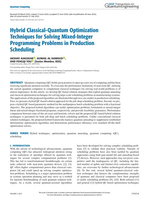 pdf hybrid classical quantum optimization techniques for solving mixed integer programming