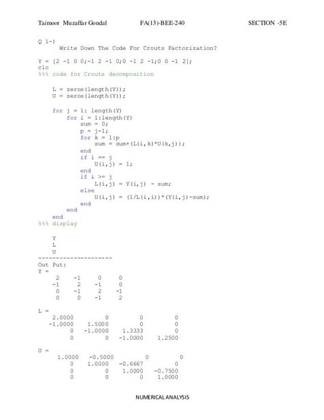 matlab code for crout method
