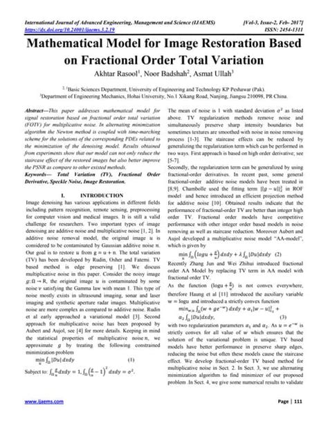 mathematical model for image restoration based on fractional order total variation pdf
