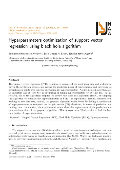 pdf hyperparameters optimization of support vector regression using black hole algorithm