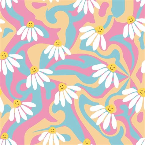 Groovy Daisy Retro De Patrones Sin Fisuras Retro Smile Chamomile Pattern En 1970 Hippie