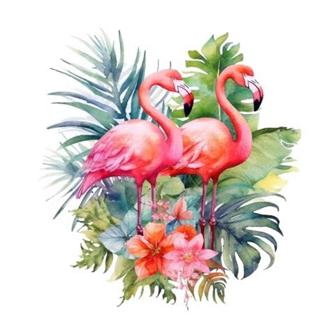 Premium Photo Flamingos And Tropical Leaves Watercolor Painting