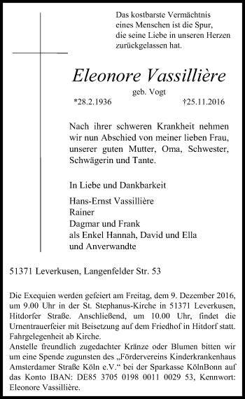 Alle Traueranzeigen für Eleonore Vassilliere trauer rp online de