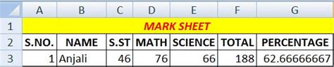 MS Excel Mark Sheet