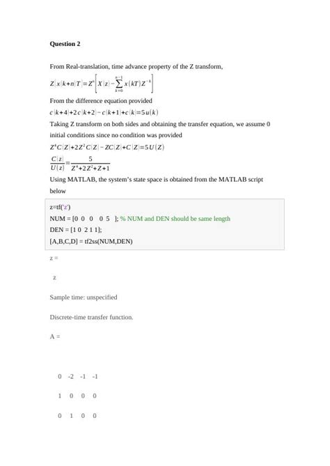 difference equation from state space canonical form of discrete system