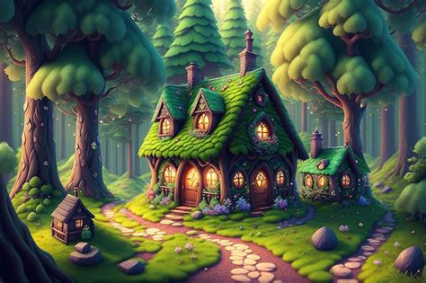Linda casa de fantasía casita de cuento de hadas en bosque mágico