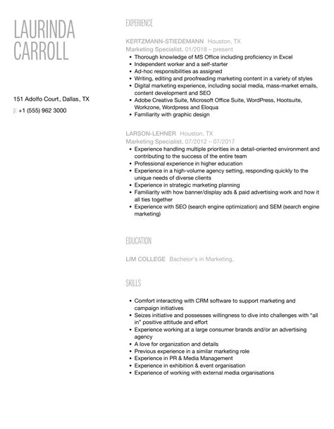 Marketing Specialist Resume Samples Velvet Jobs