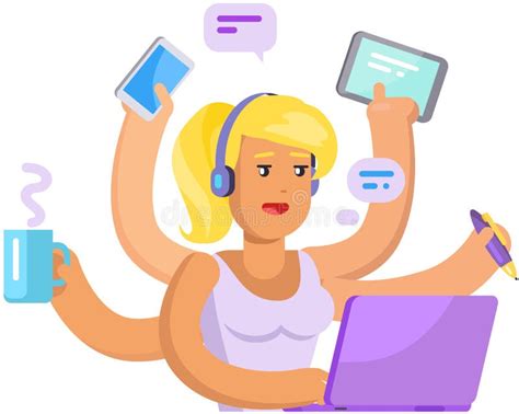 Busy Woman Doing Simultaneously Many Tasks Stressed Lady Doing