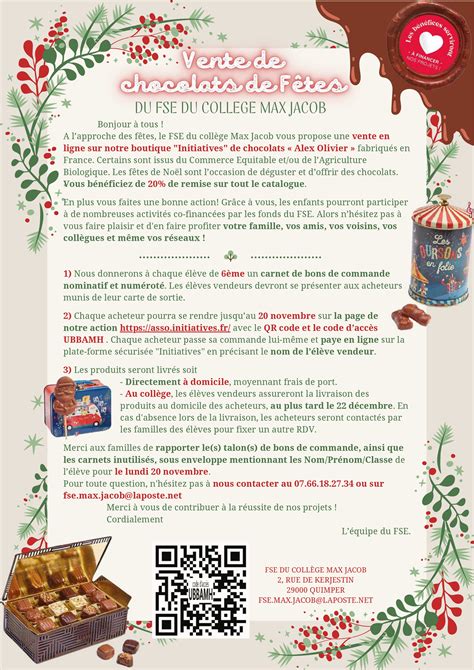 Vente de chocolats pour le FSE Collège Max Jacob