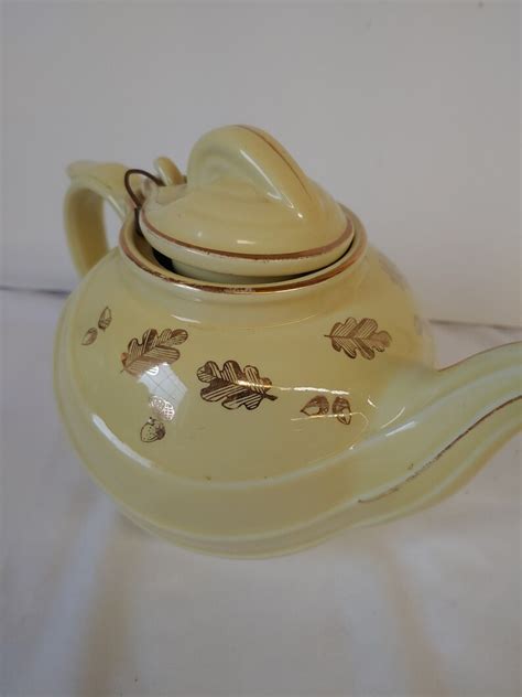 Vintage Hall China Parade Canary Yellow 6 Cup Teapot Gold Oak Leaves