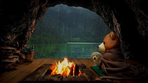 Cozy Cave With Crackling Fireplace And Rain Thunder In The Lake Treat