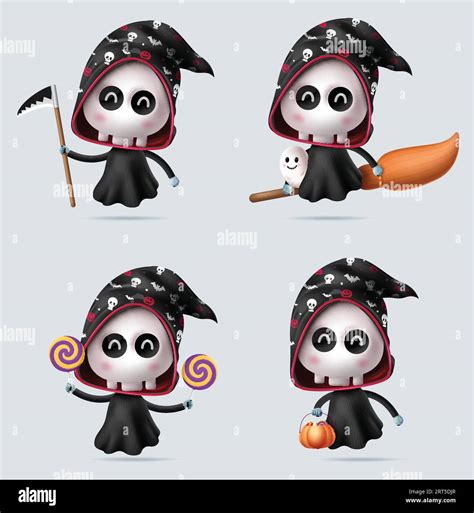 Halloween Grim Reaper Characters Vector Set Design Halloween Grim