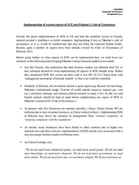 implementation of various aspects of sox into pakistan pdf sarbanes oxley act government