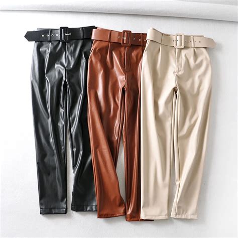 PU Leather High Waisted Pants Women Fashion Loose Faux Leather Trousers