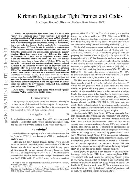 pdf kirkman equiangular tight frames and codes