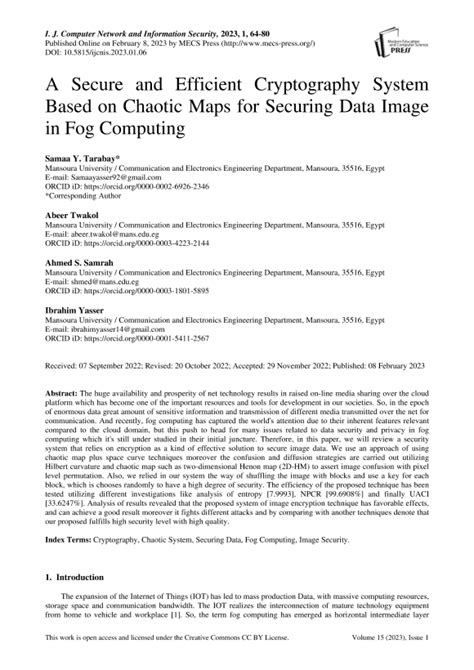 a secure and efficient cryptography system based on chaotic maps for securing data image in fog