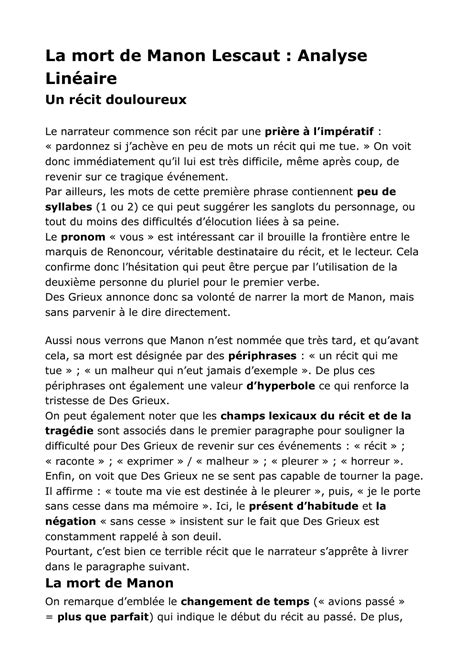La mort de Manon Lescaut Analyse Linéaire