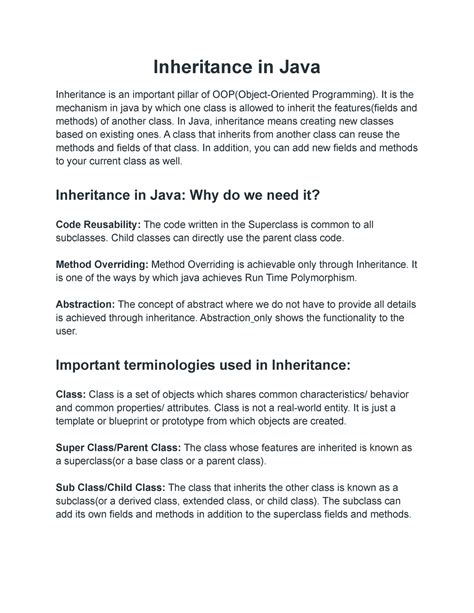 inheritance in java inheritance in java inheritance is an important pillar of oop object
