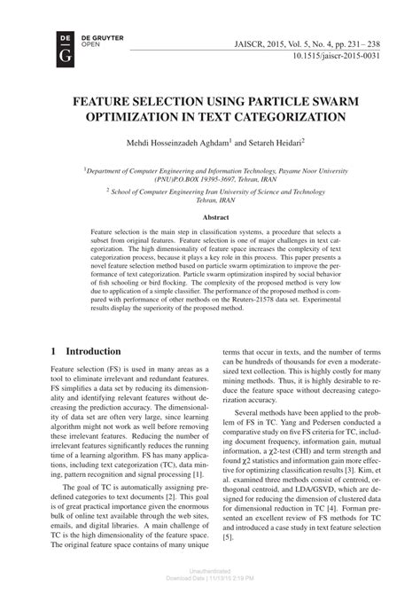 pdf feature selection using particle swarm optimization in text categorization