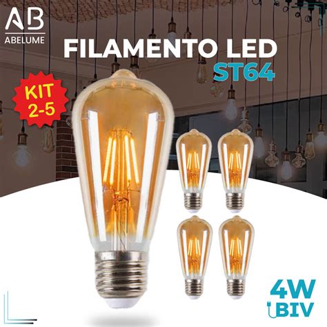 Kit 5 Lâmpada Filamento LED ST64 E27 4W LUZ QUENTE AMARELO Âmbar