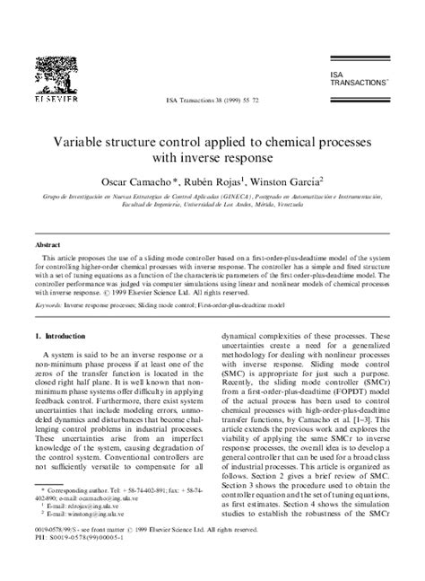 pdf variable structure control applied to chemical processes with inverse response oscar