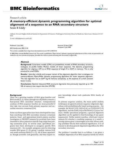 pdf a memory efficient dynamic programming algorithm for optimal alignment of a sequence to an
