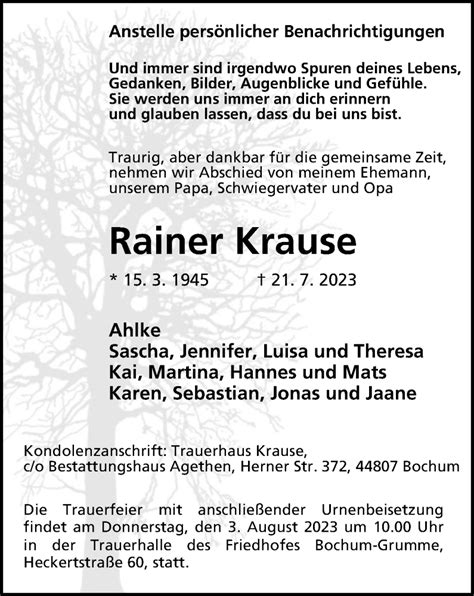 Traueranzeigen Von Rainer Krause Trauer In NRW De