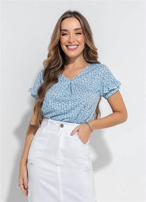 Blusa Prega Floral Azul Moda Evangélica Rosalie