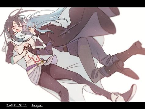 Two Anime Characters Are Laying Down On The Ground With Their Arms